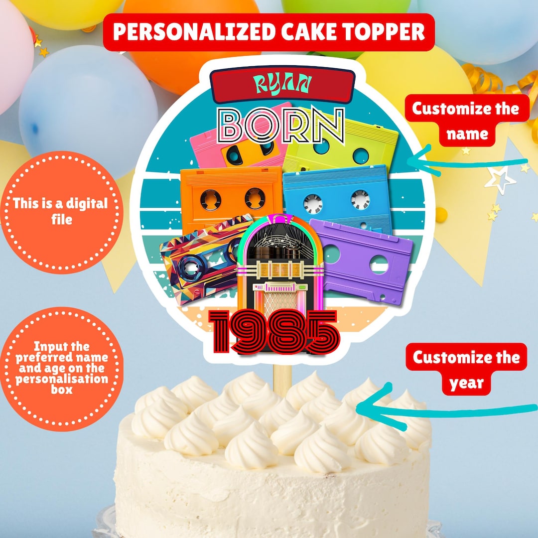 Personalized Born 1980's Cassette Tapes Birthday Cake Topper, Custom ...