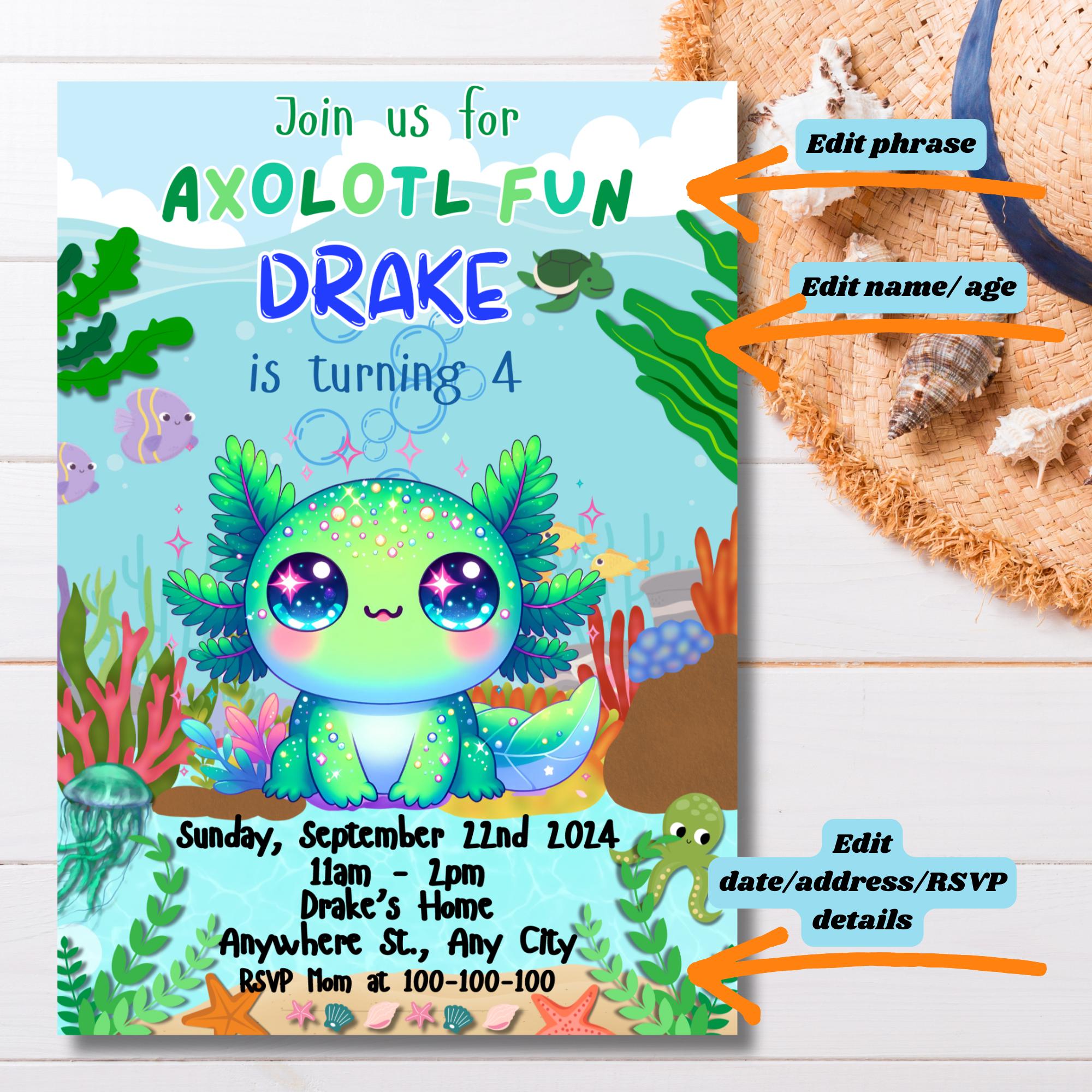 Editable Axolotl Birthday Party Invitation Template for Boys, Printable ...