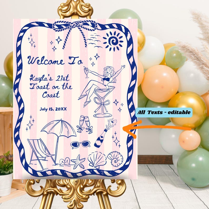 Editable Nautical Rope Frame Hand Drawn Beach Birthday Party Welcome ...