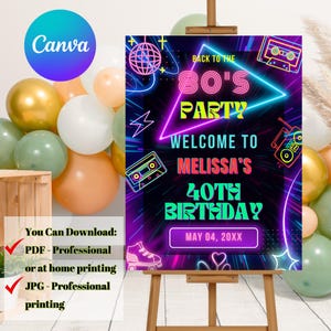 Editable Neon Glow Back to the 80s Birthday Party Welcome Sign Template ...