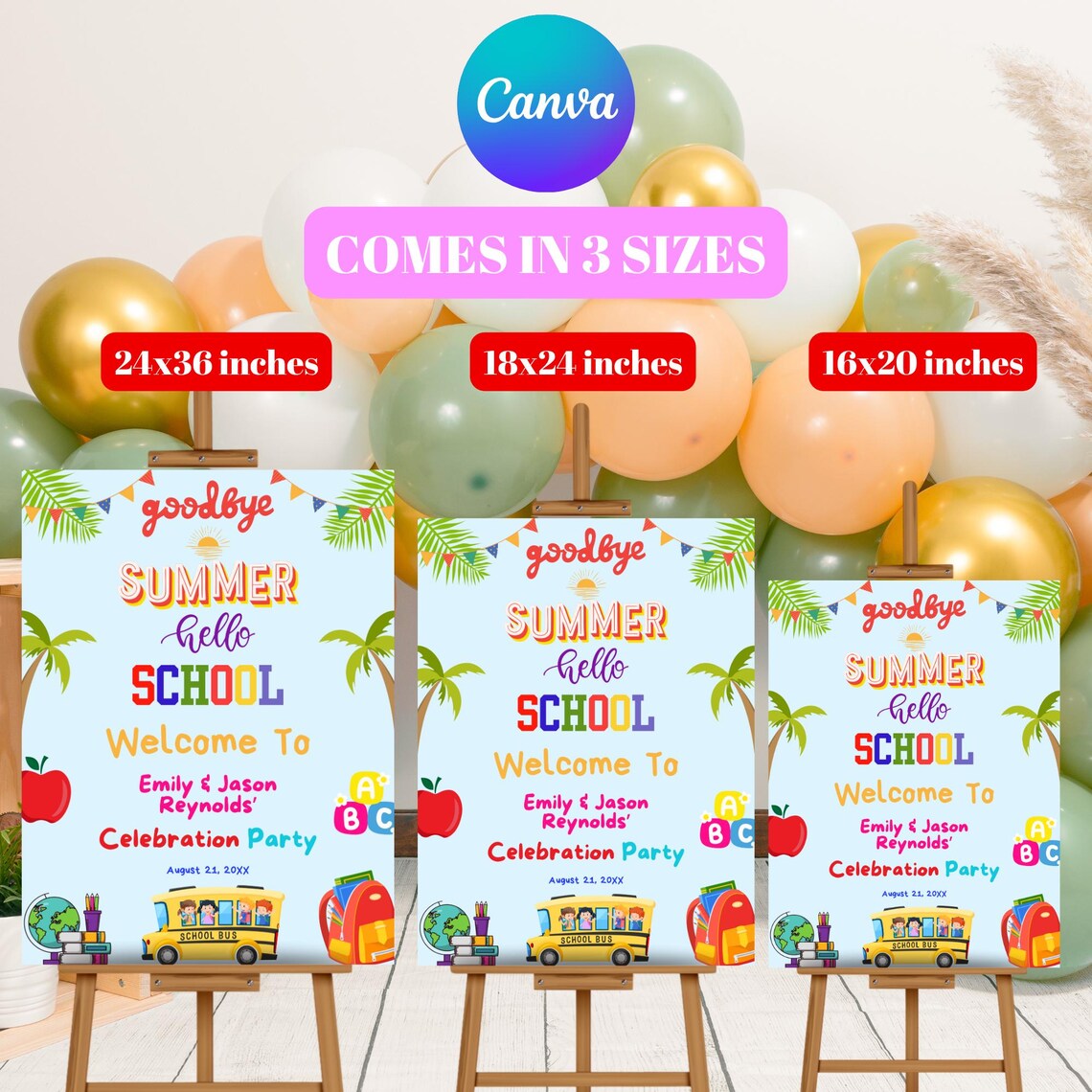 Editable Goodbye Summer Hello School Back to School Party Welcome Sign ...
