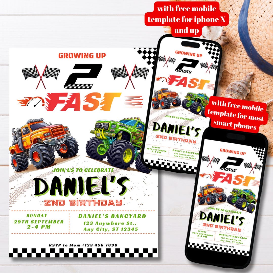 Editable 2 Fast Monster Truck Birthday Invitation, 2 Fast Monster Truck ...