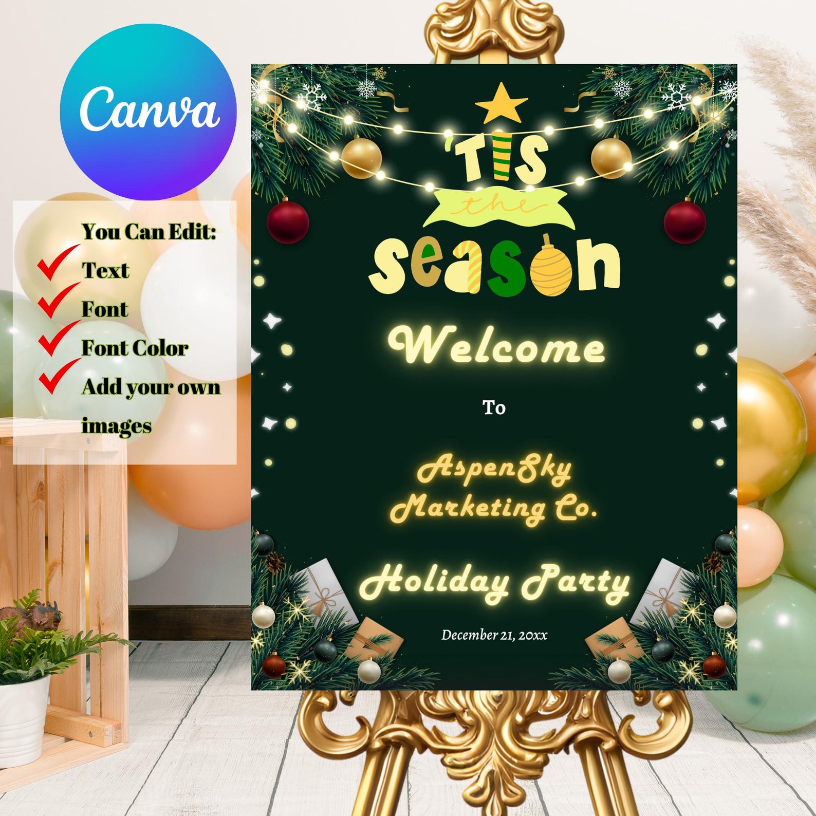 Editable Tis the Season Green Christmas Party Welcome Sign Template ...