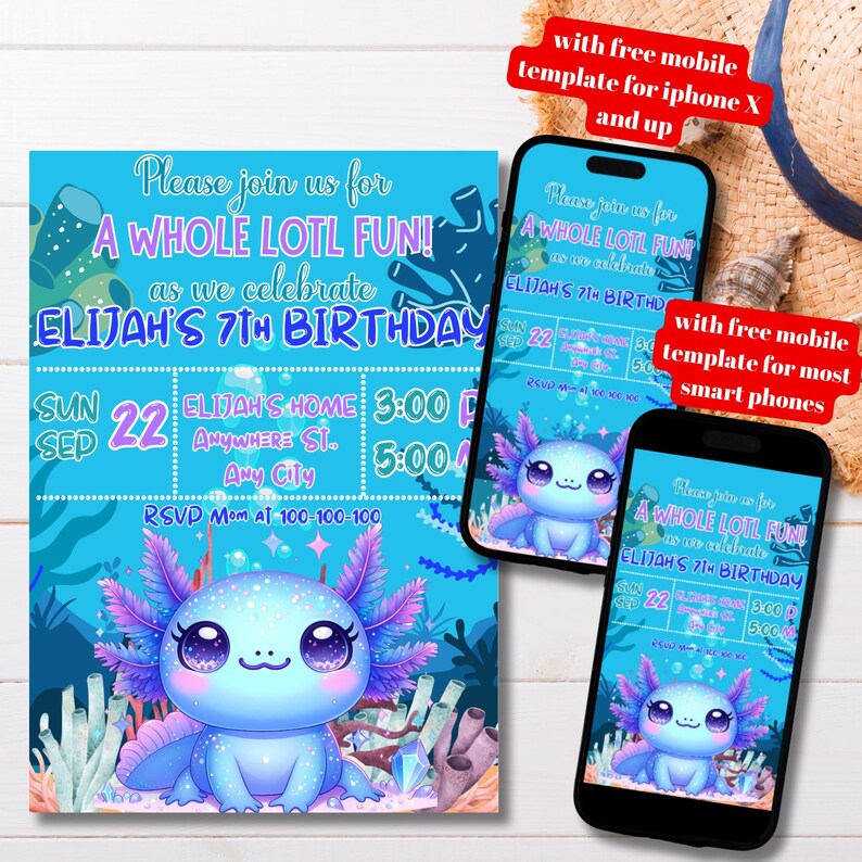 Editable Blue Axolotl Birthday Invitation Template, Printable Cute ...