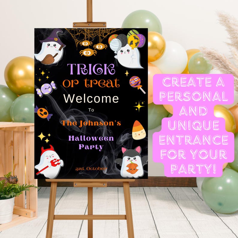 Editable Cute Ghost Halloween Party Welcome Sign Template, Printable ...