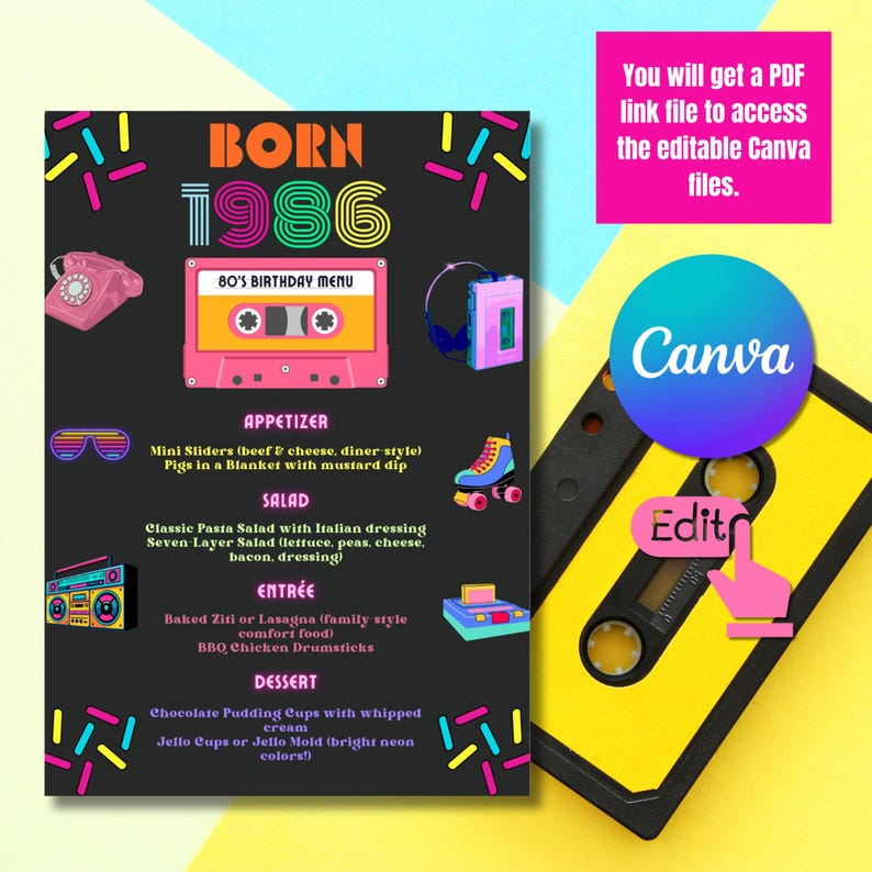 Editable 1980s Birthday Menu Template, Printable Retro Born 1986 ...