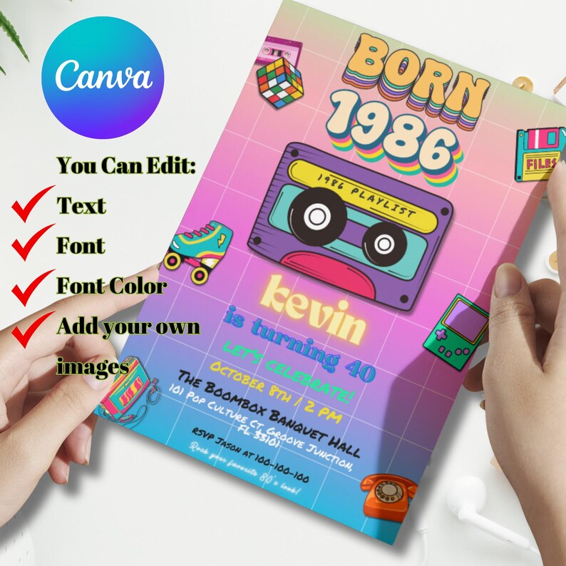 Editable Retro 1980s Birthday Invitation Template, Printable Born 1986 ...