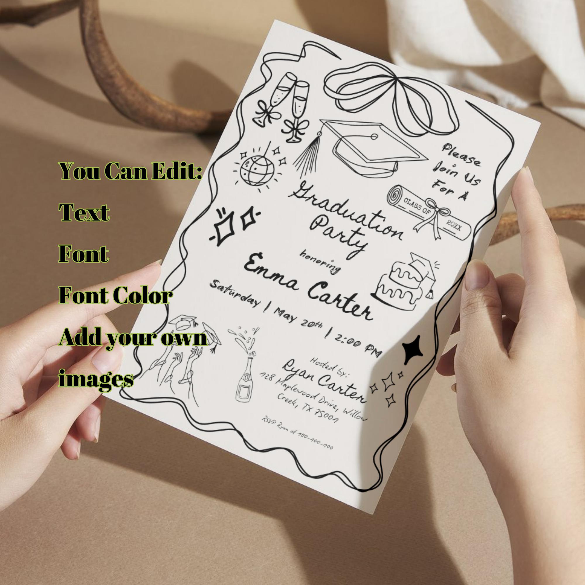 Editable Doodle Style Graduation Invitation Template, Printable Hand ...