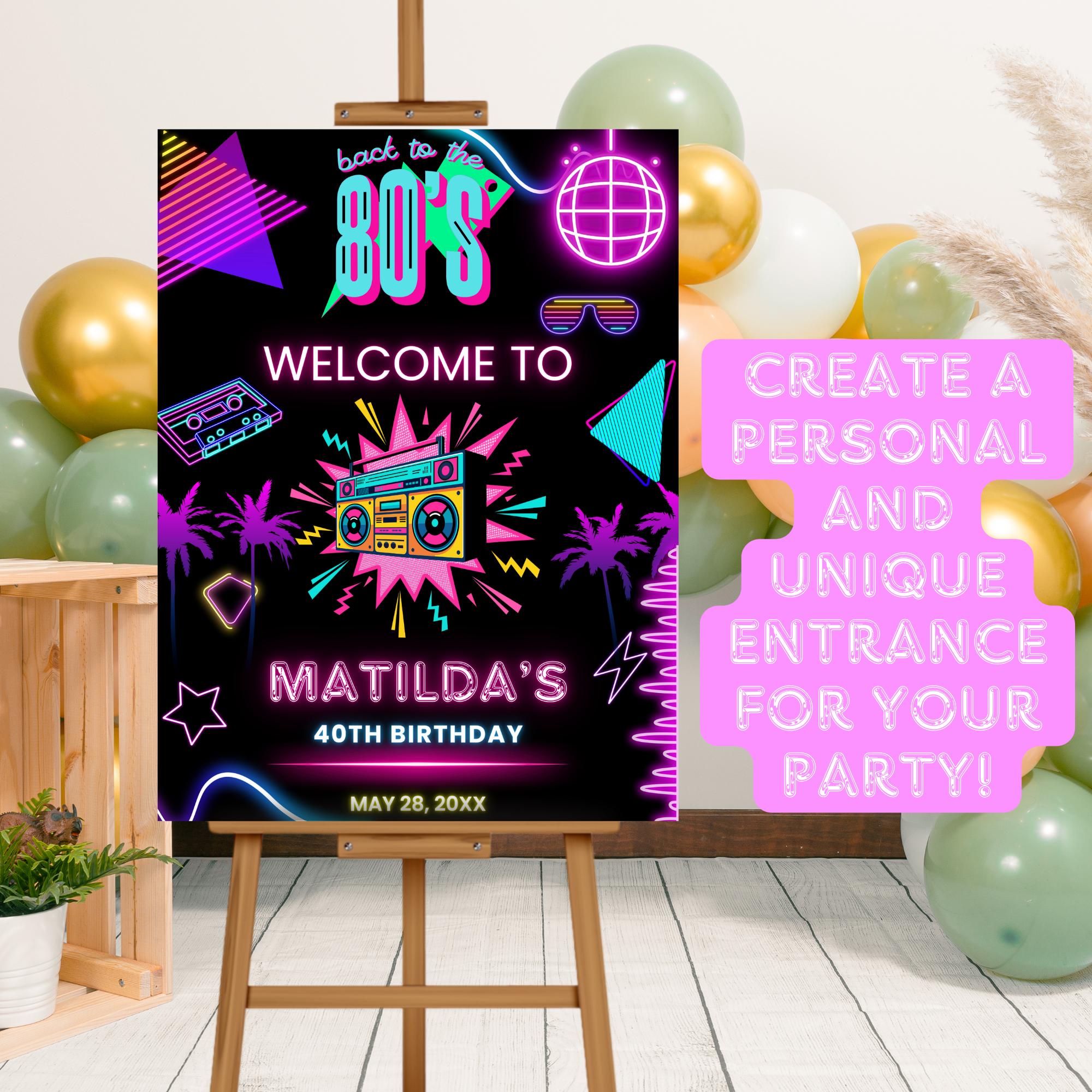 Editable Back to the 80s Neon Glow Birthday Party Welcome Sign Template ...