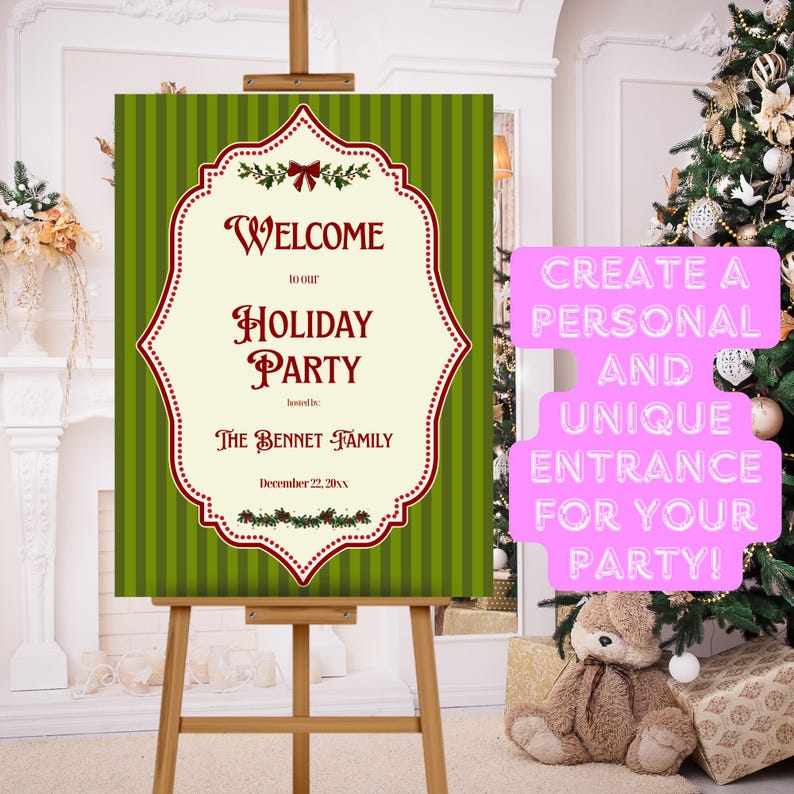 Editable Vintage Green Red Ornate Frame Christmas Party Welcome Sign ...
