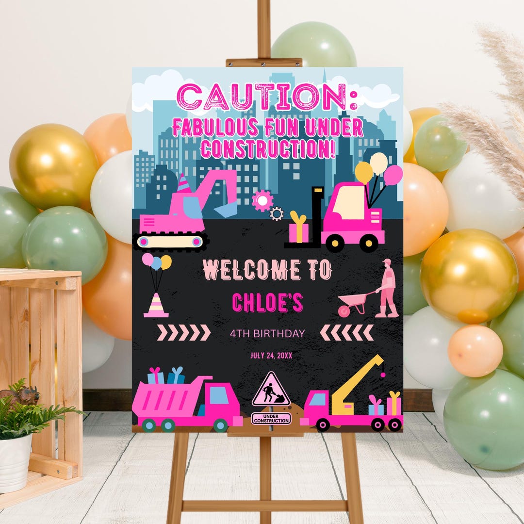 Editable Black and Pink Construction Birthday Party Welcome Sign ...