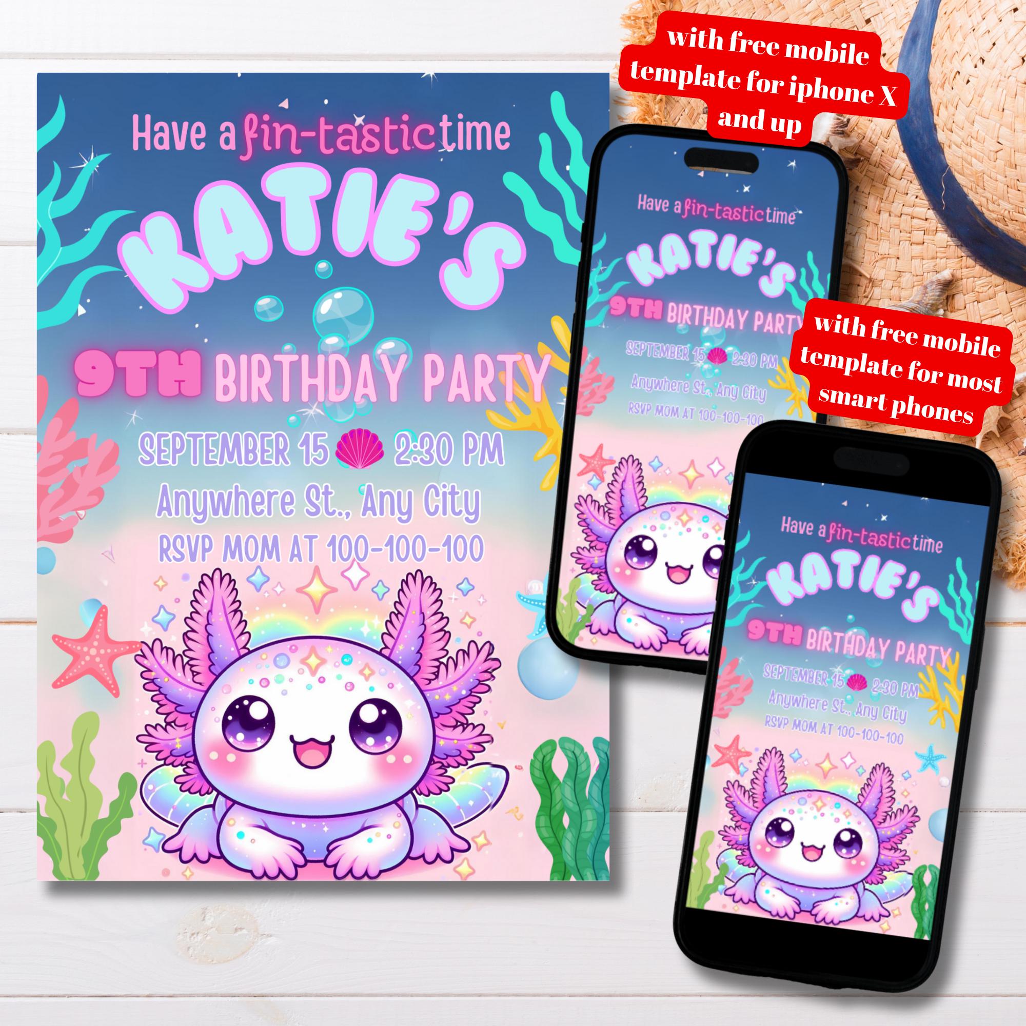 Editable Pink Axolotl Birthday Invitation Template, Printable Axolotl ...