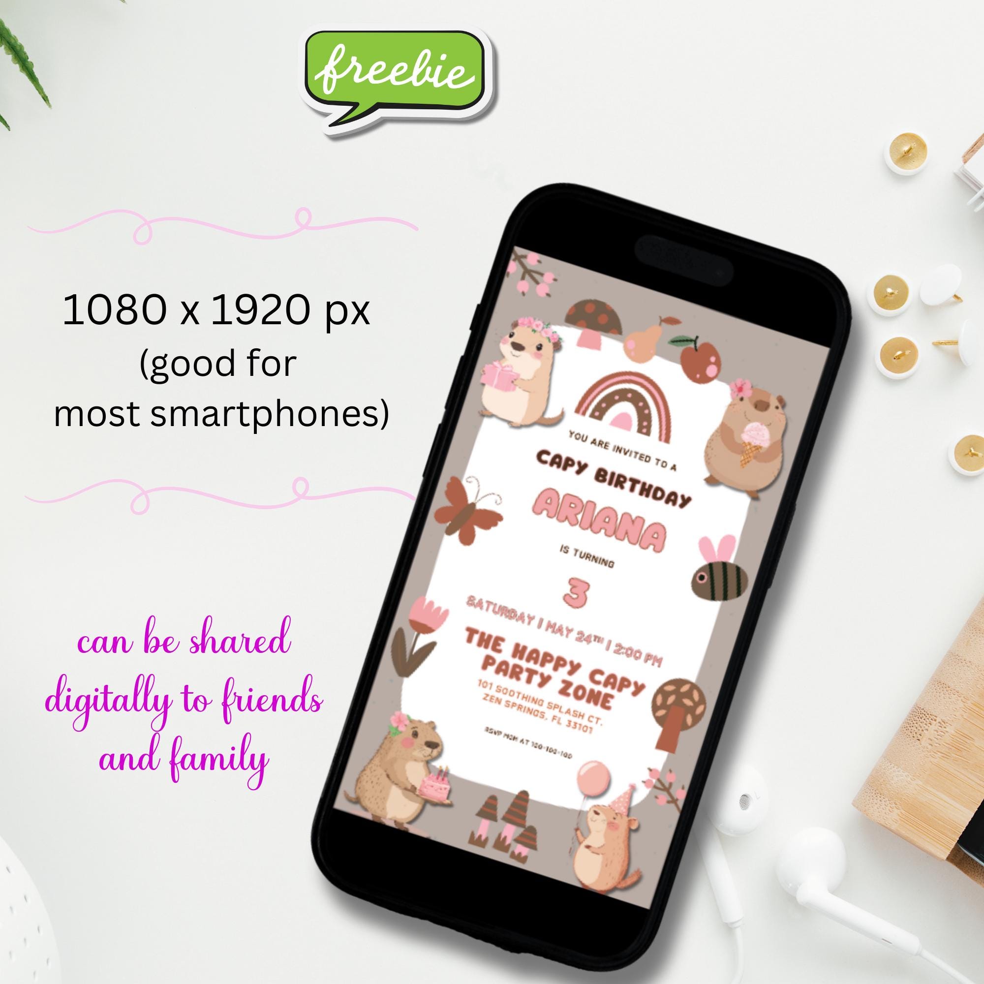 Editable Cute Capybara Birthday Party Invitation Template, Printable ...