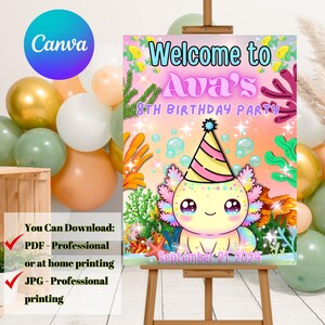 Editable Yellow Axolotl Birthday Welcome Sign Template, Printable ...
