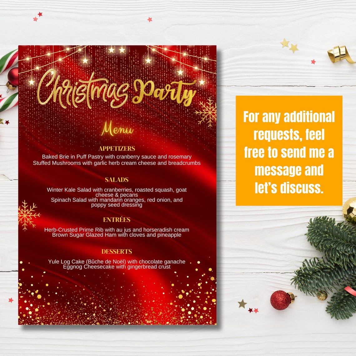 Editable Red and Gold Christmas Party Dinner Menu Template, Printable ...