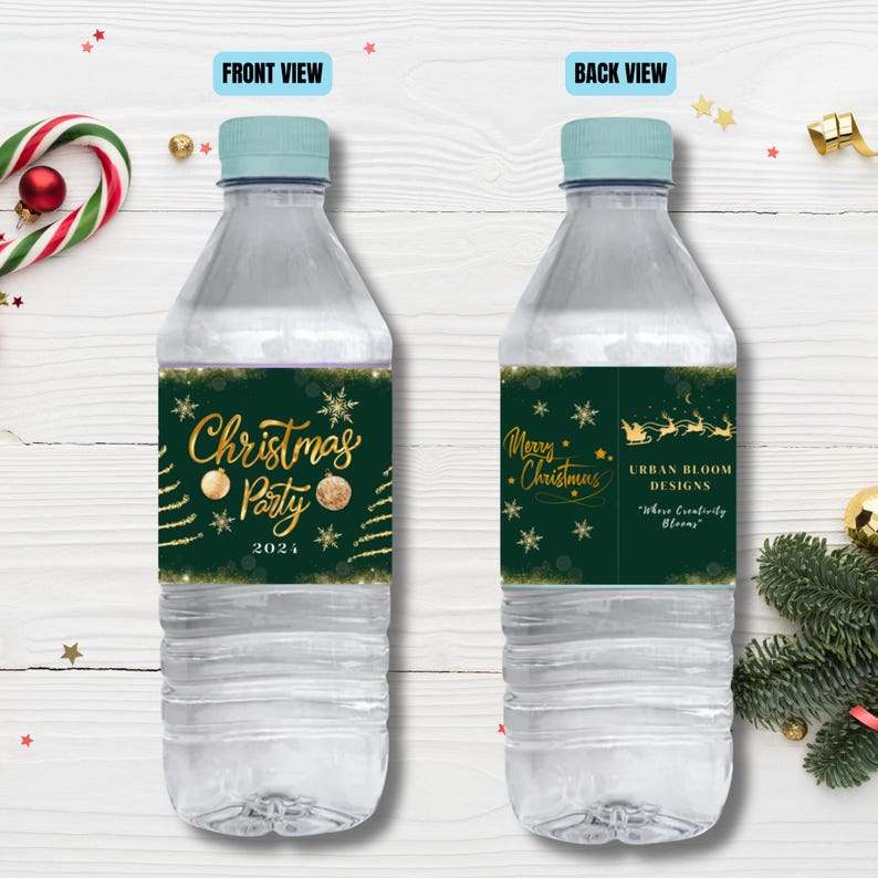 Editable Christmas Water Bottle Label Template, Elegant Emerald Green ...