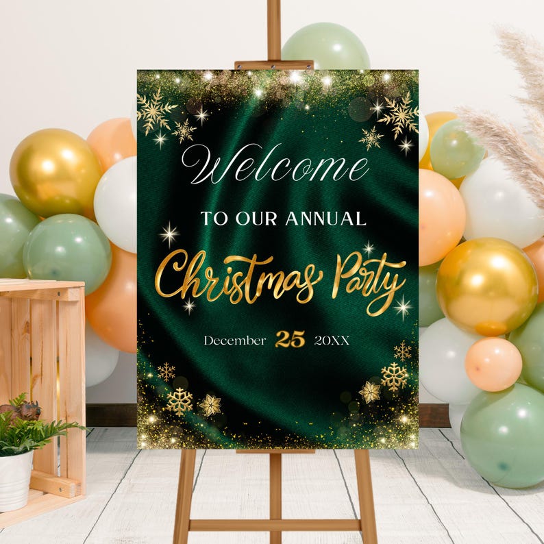 Emerald and Gold Christmas Party Welcome Sign, Green and Gold Welcome ...