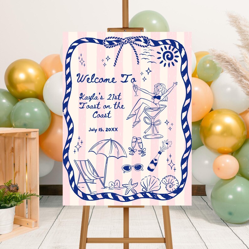 Editable Nautical Rope Frame Hand Drawn Beach Birthday Party Welcome ...