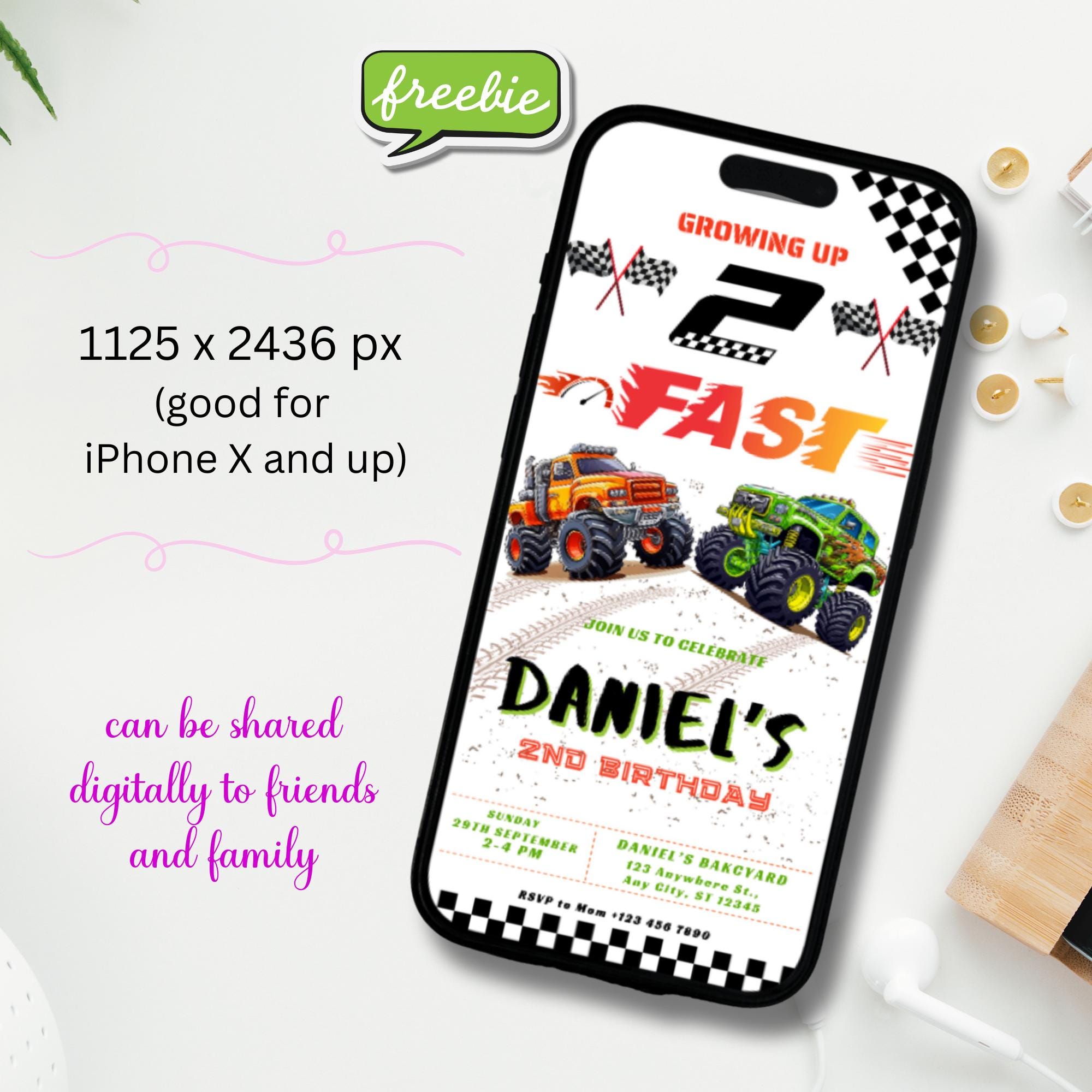 Editable 2 Fast Monster Truck Birthday Invitation, 2 Fast Monster Truck ...