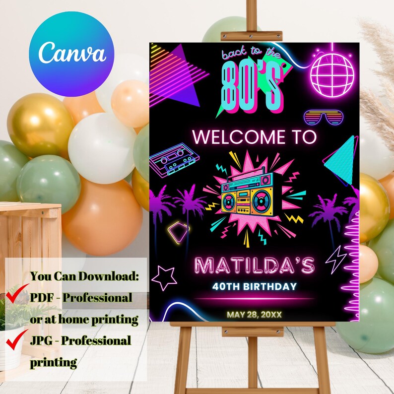 Editable Back to the 80s Neon Glow Birthday Party Welcome Sign Template ...
