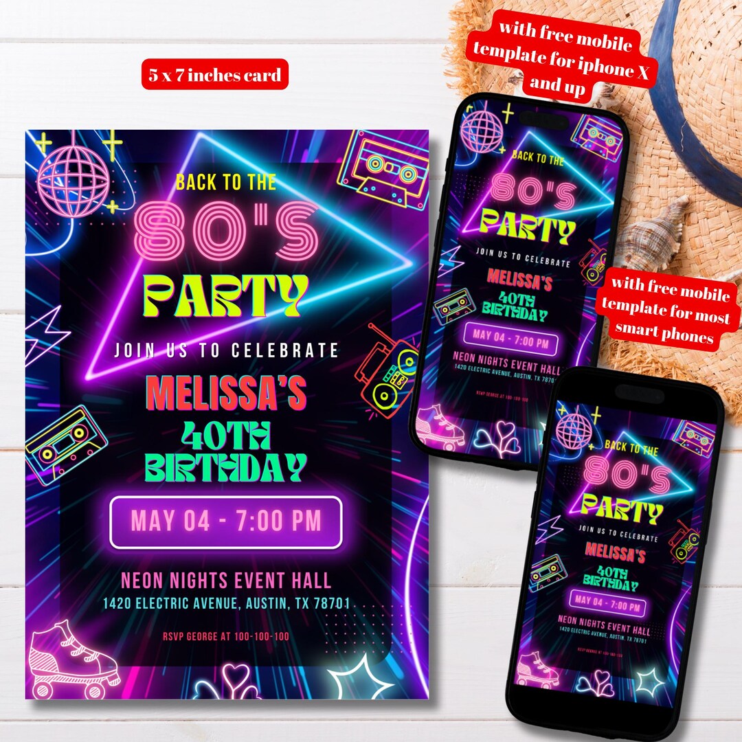 Editable Neon 80s Birthday Party Invitation Template, Printable Neon ...