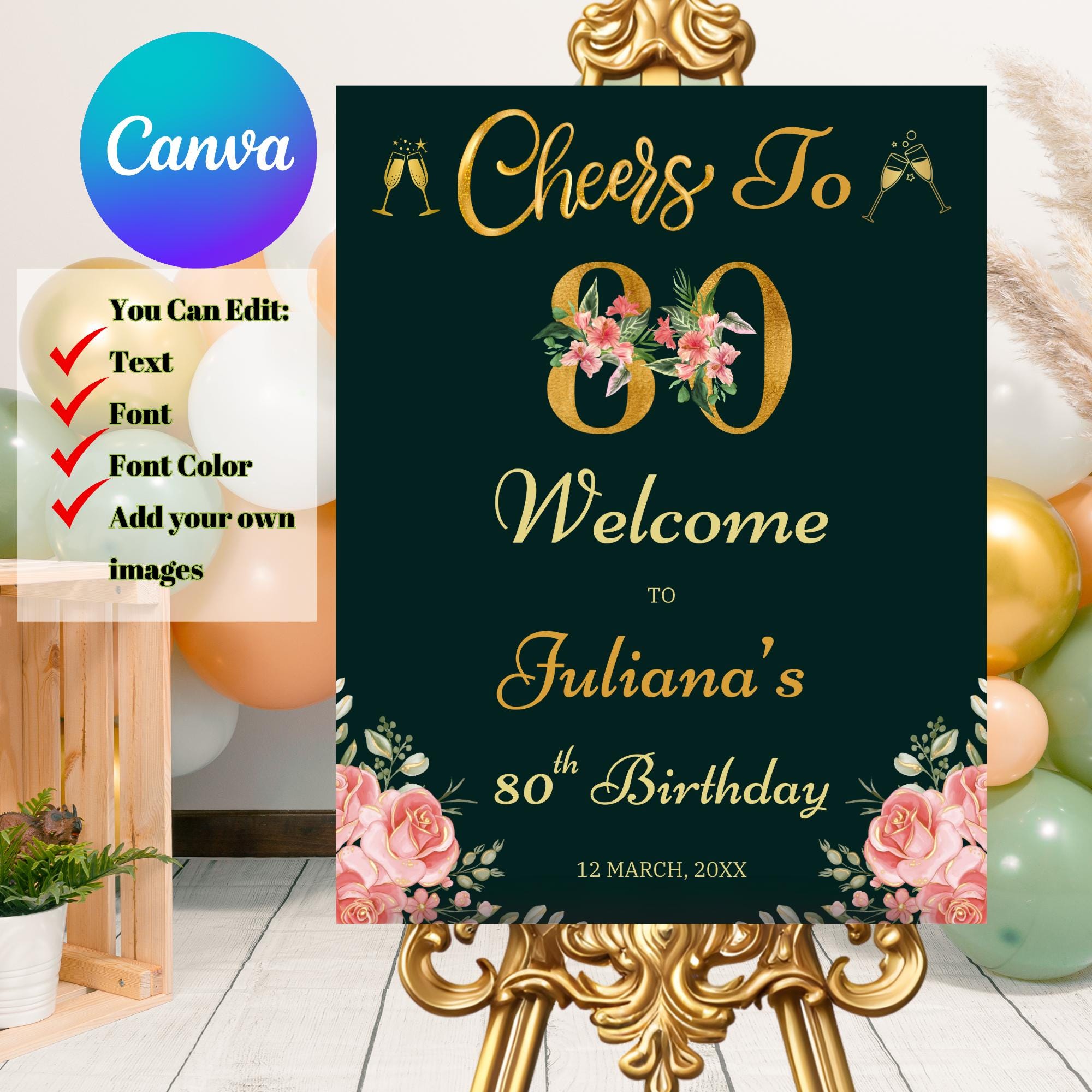 Editable 80th Birthday Party Sign Template, Printable 80th Birthday ...