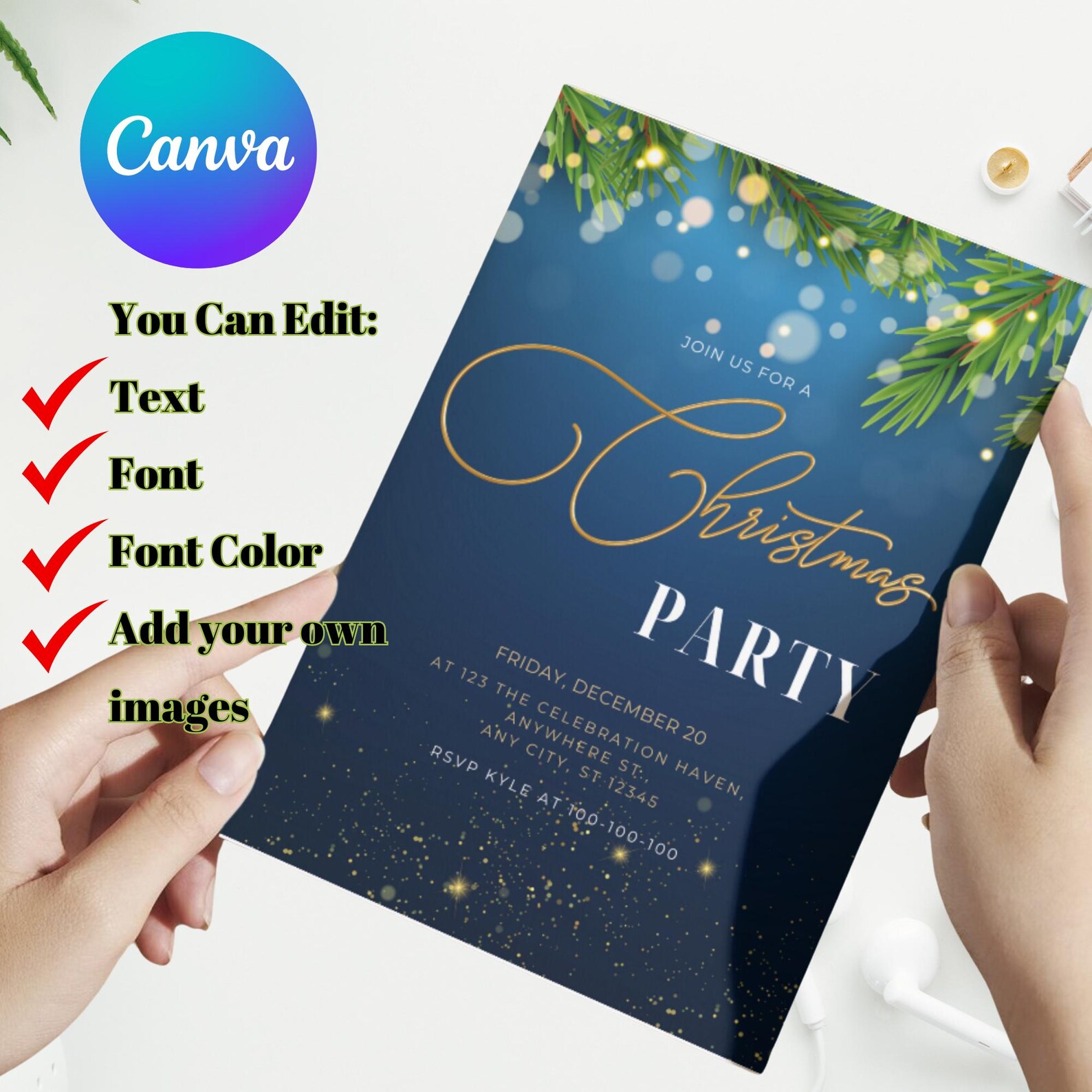 Editable Blue Christmas Party Invitation Template, Printable Blue Gold ...