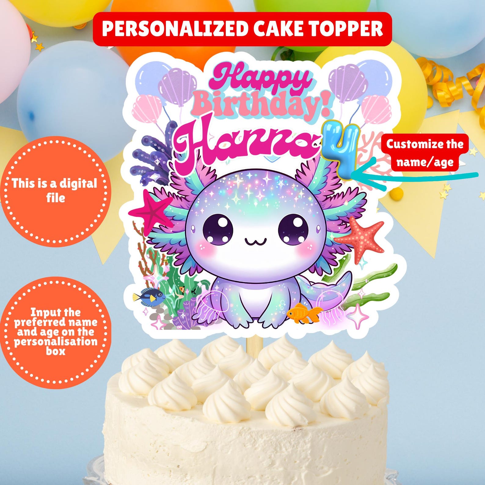 Customizable Axolotl Birthday Cake Topper, Personalized Axolotl ...