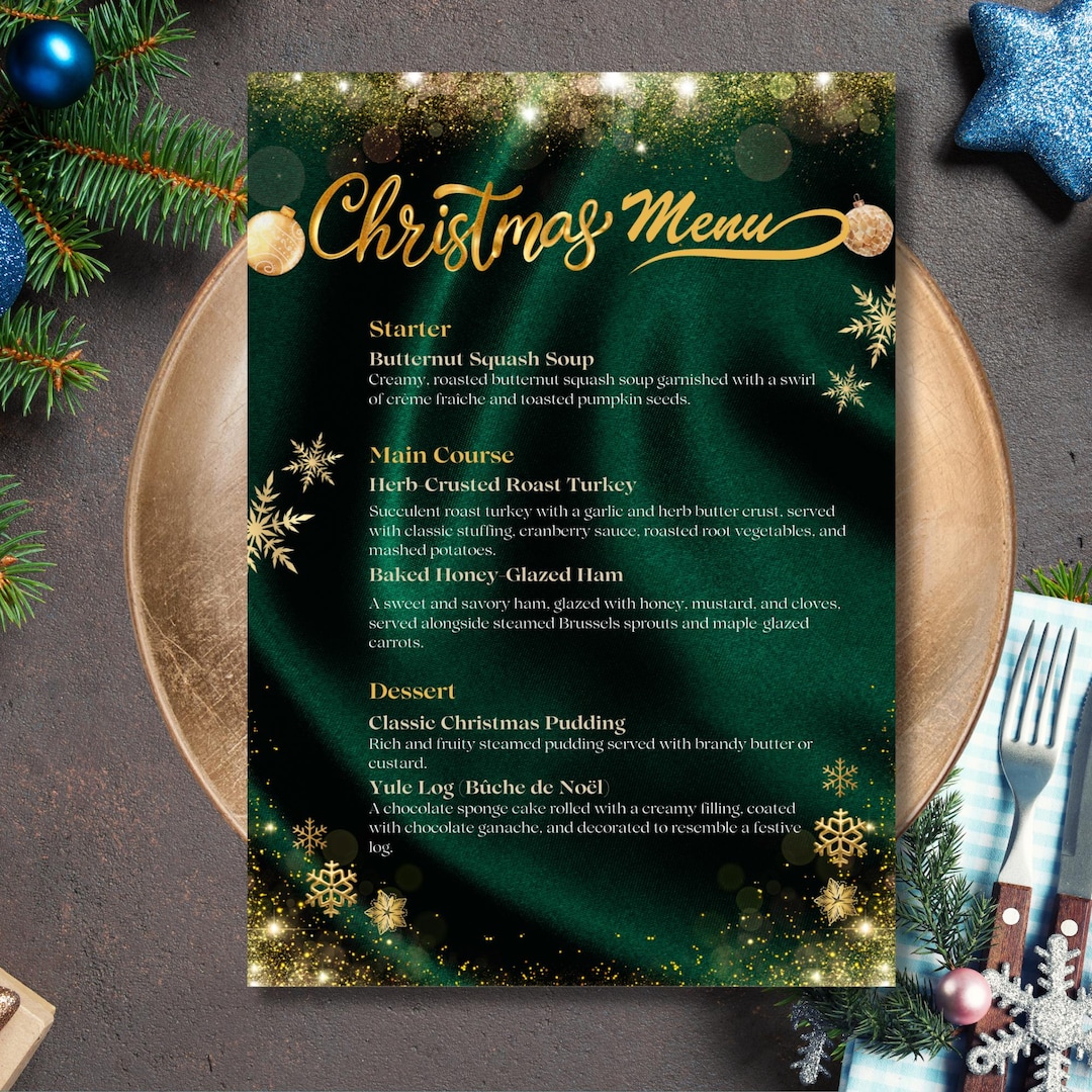 Editable Christmas Dinner Menu Template, Elegant Emerald Green and Gold ...