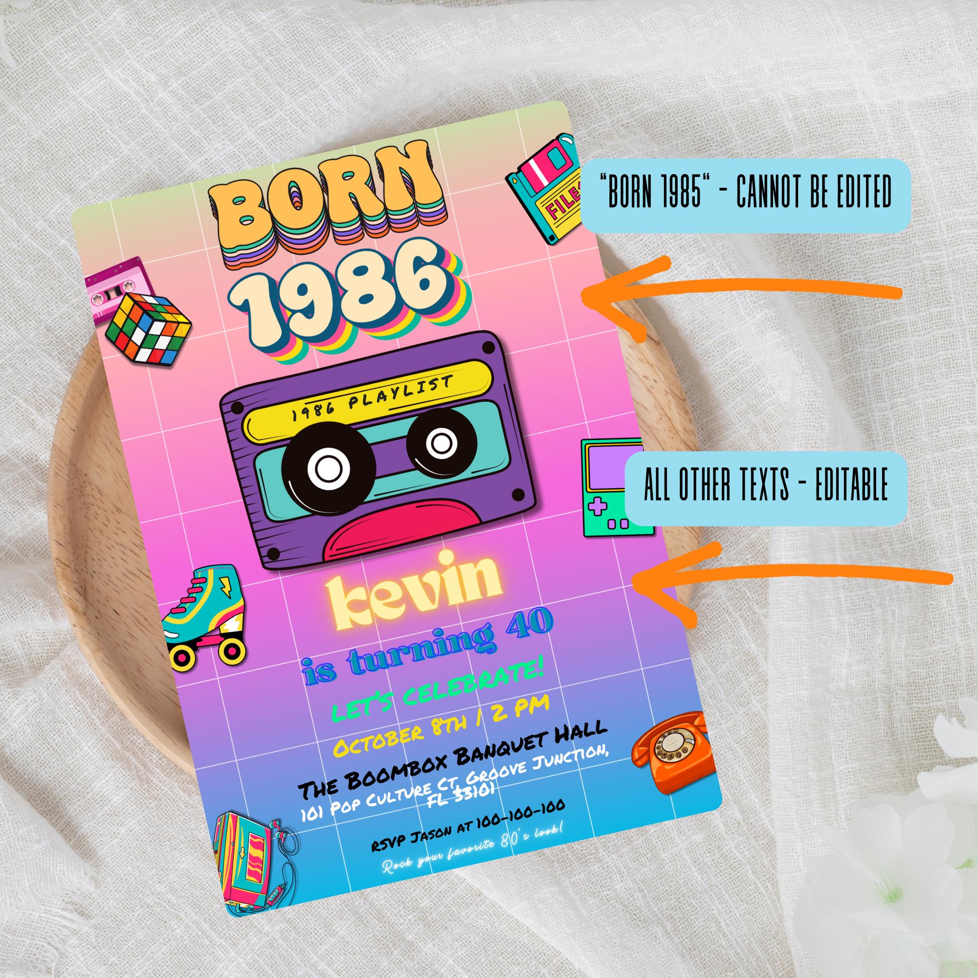 Editable Retro 1980s Birthday Invitation Template, Printable Born 1986 ...