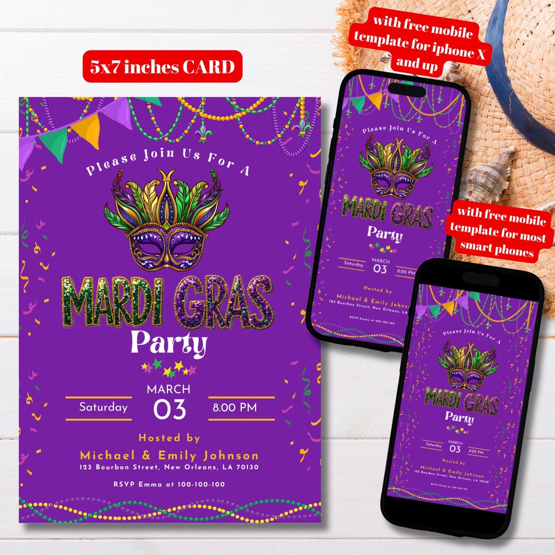 Editable Mardi Gras Party Invitation Template, Printable Mardi Gras ...