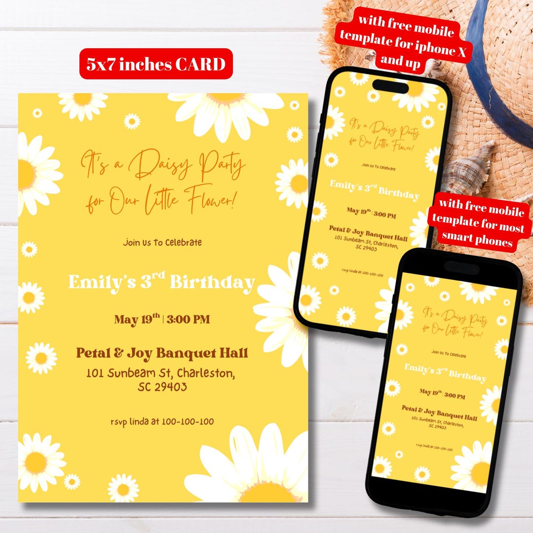 Editable Daisy Birthday Invite, Printable Yellow Daisy Birthday Party ...