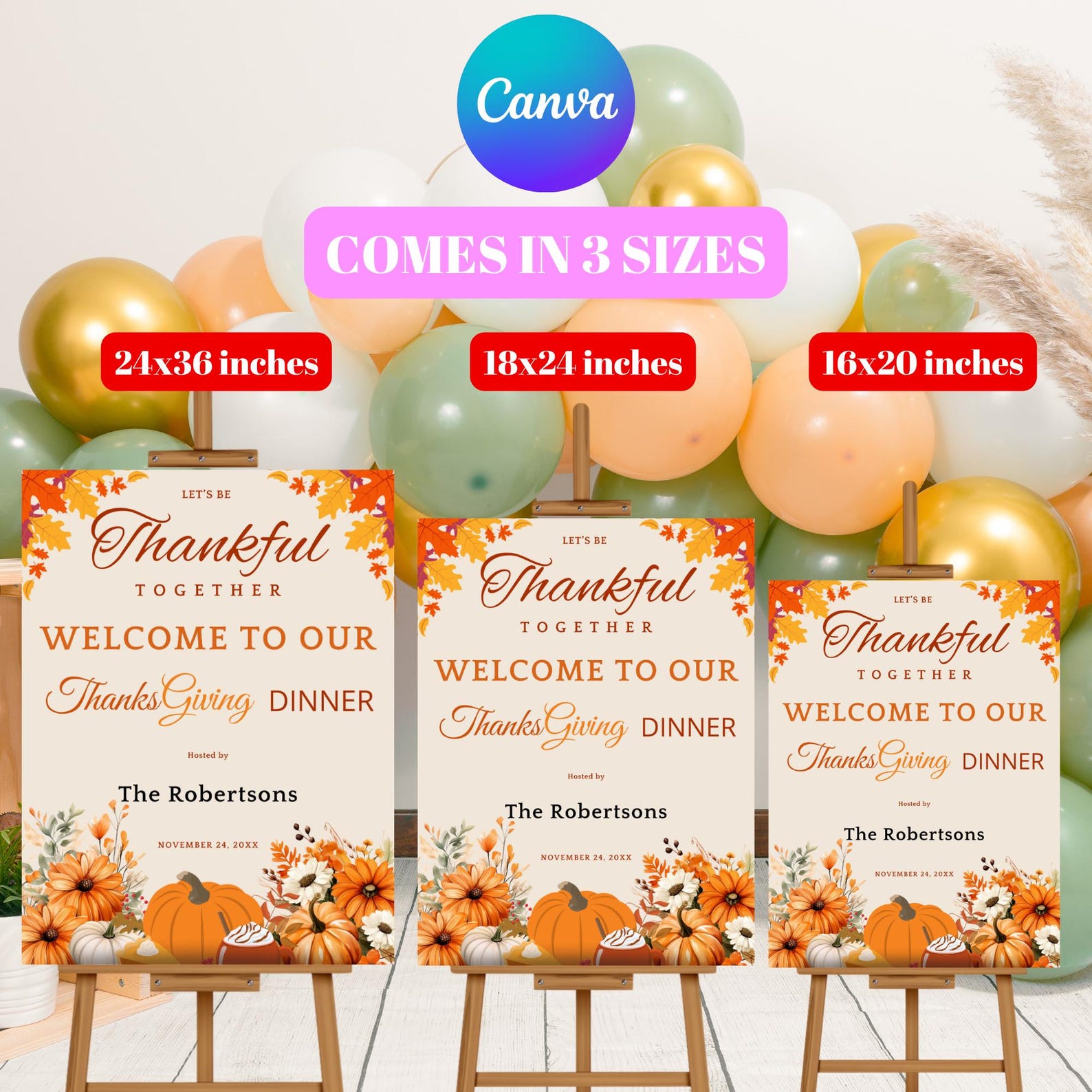 Editable Let's Be Thankful Thanksgiving Dinner Welcome Sign Template ...