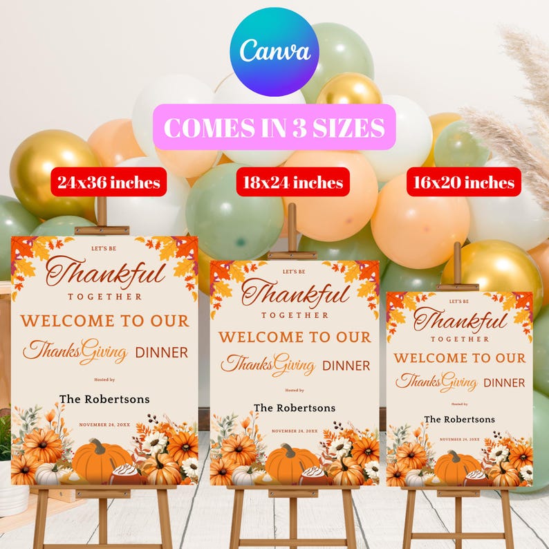Editable Let's Be Thankful Thanksgiving Dinner Welcome Sign Template ...