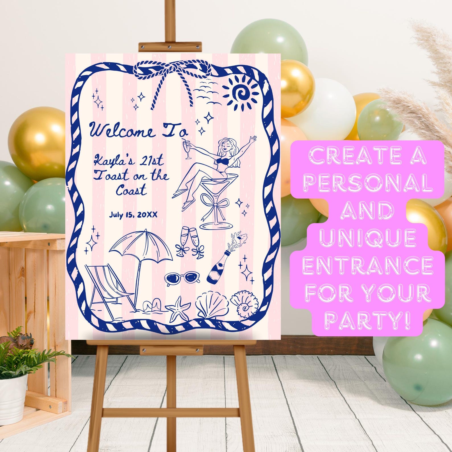 Editable Nautical Rope Frame Hand Drawn Beach Birthday Party Welcome ...