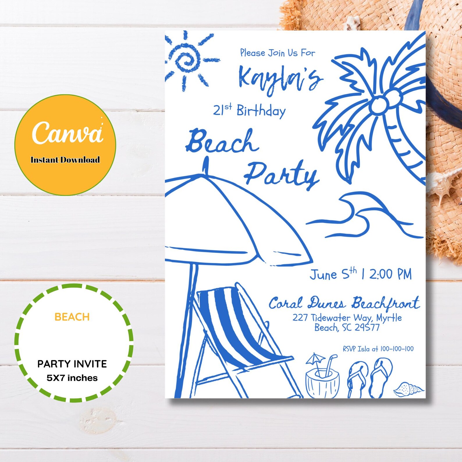 Editable Hand Drawn Beach Birthday Party Invitation Template, Printable ...