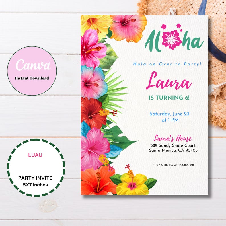 Editable Luau Birthday Party Invitation Template, Printable Luau ...