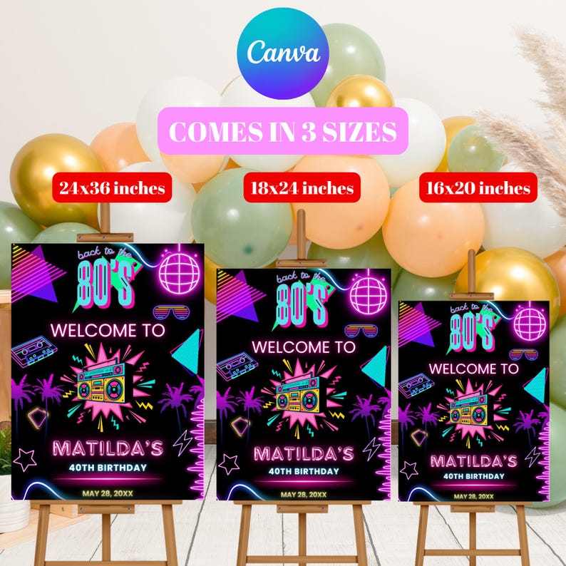 Editable Back to the 80s Neon Glow Birthday Party Welcome Sign Template ...