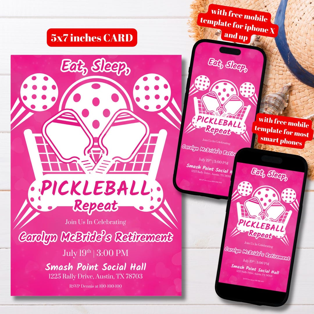 Editable Pink Pickleball Retirement Party Invitation Template ...