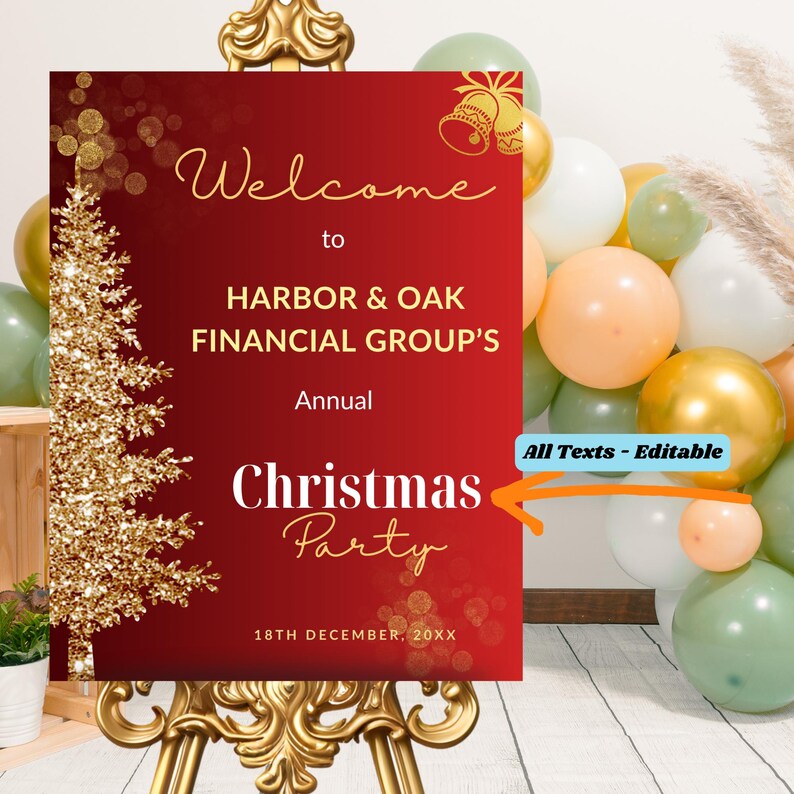 Editable Elegant Red and Gold Christmas Party Welcome Sign Template ...