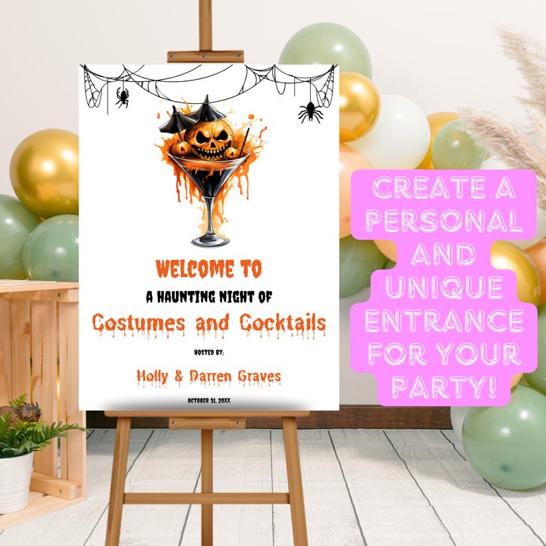 Editable Costumes and Cocktails Halloween Party Welcome Sign Template ...