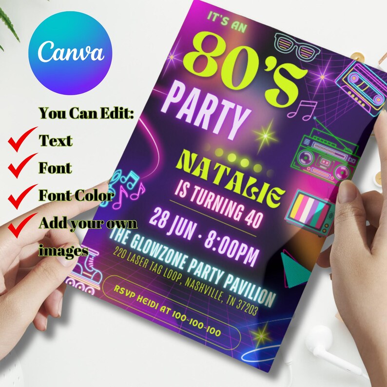 Editable 80s Neon Glow Birthday Party Invitation Template, Printable ...