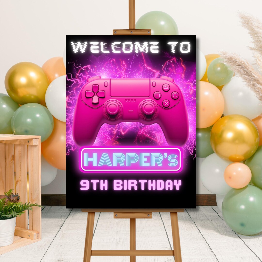 Editable Pink Video Game Welcome Sign Template, Printable Pink Neon ...