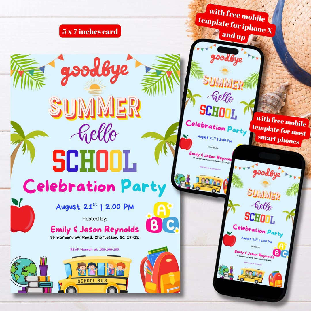 Editable Goodbye Summer Hello School Back to School Party Invitation ...