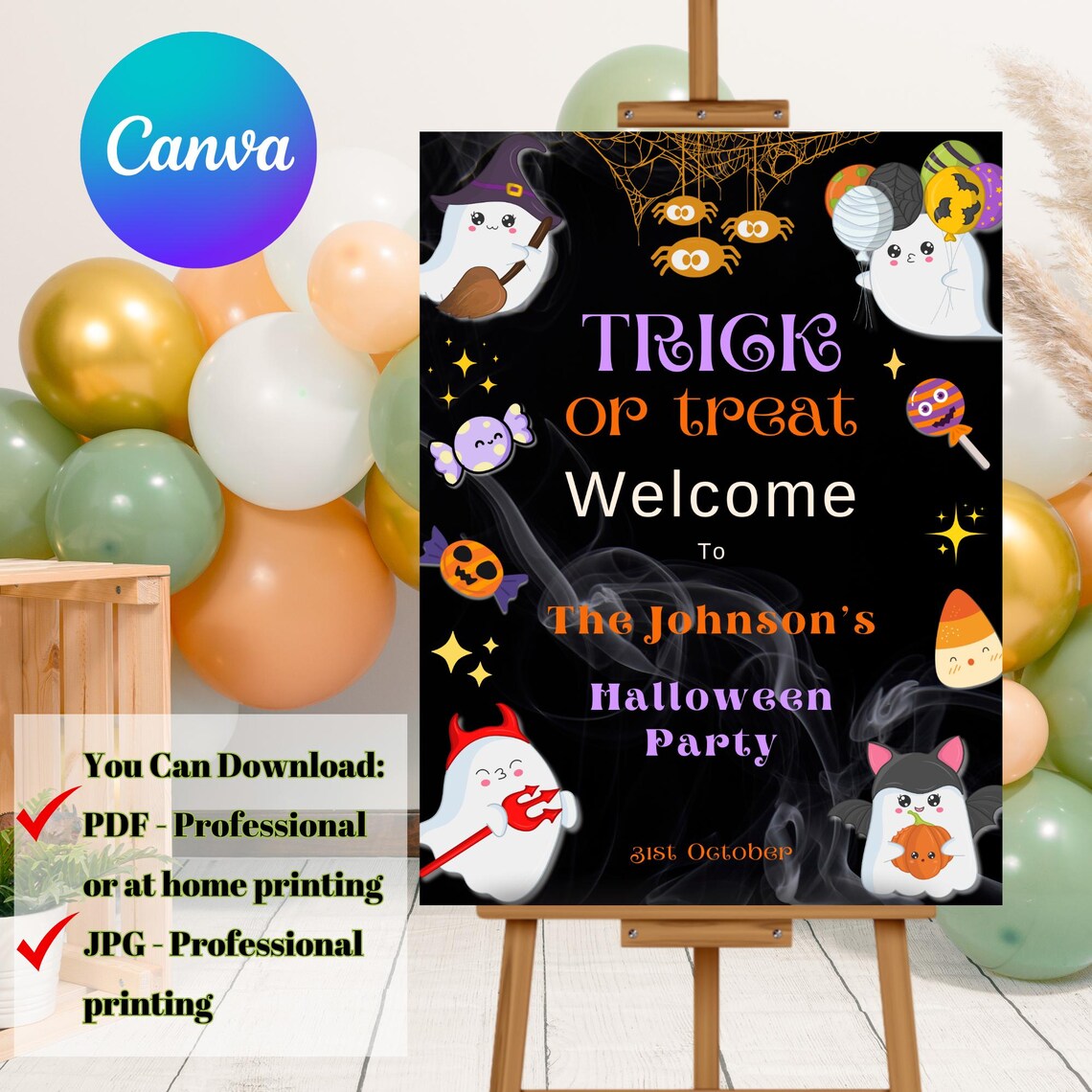 Editable Cute Ghost Halloween Party Welcome Sign Template, Printable ...