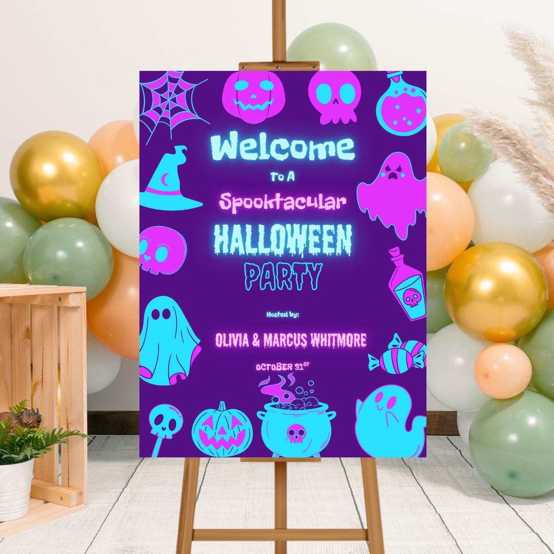 Editable Neon Halloween Party Welcome Sign Template, Printable ...
