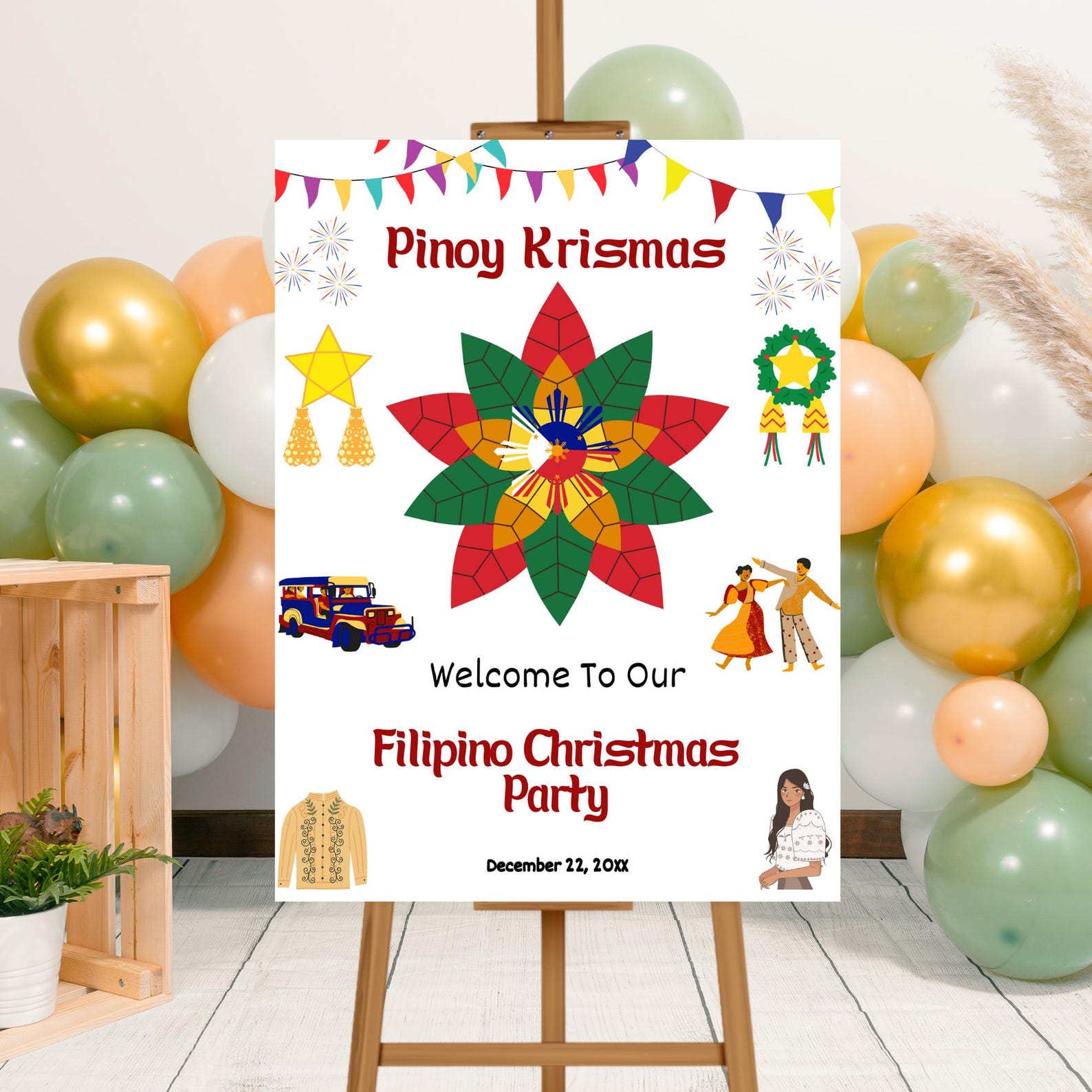 Editable Paskong Pinoy Party Welcome Sign Template, Printable Filipino ...