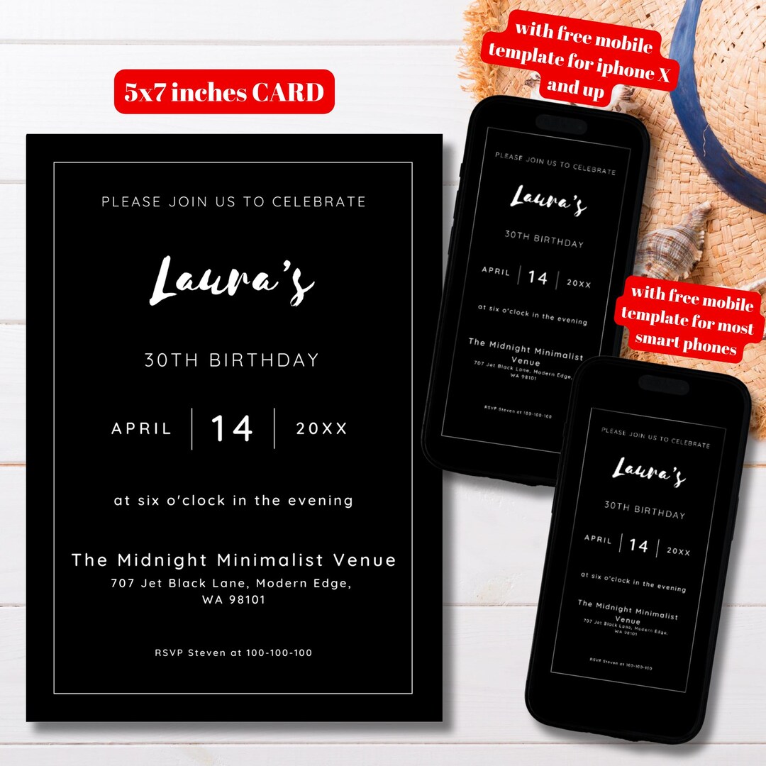 Editable Black Birthday Party Invitation Template, Printable 30th Black ...
