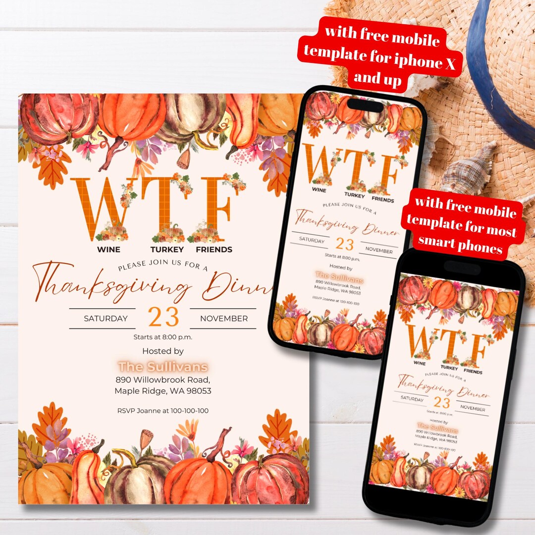 Editable WTF Friendsgiving Dinner Invitation Template, Printable WTF ...