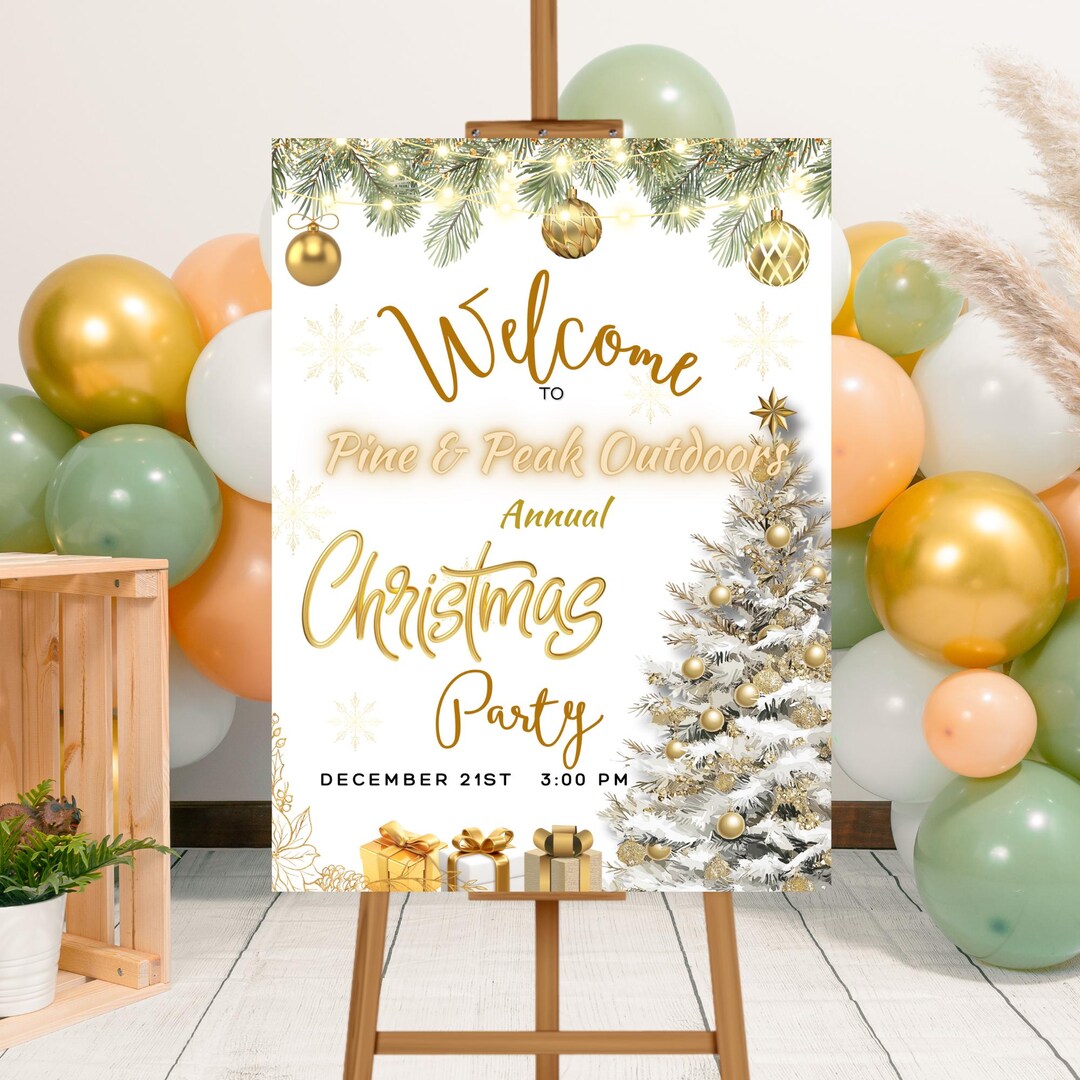 Editable White and Gold Christmas Party Welcome Sign Template ...